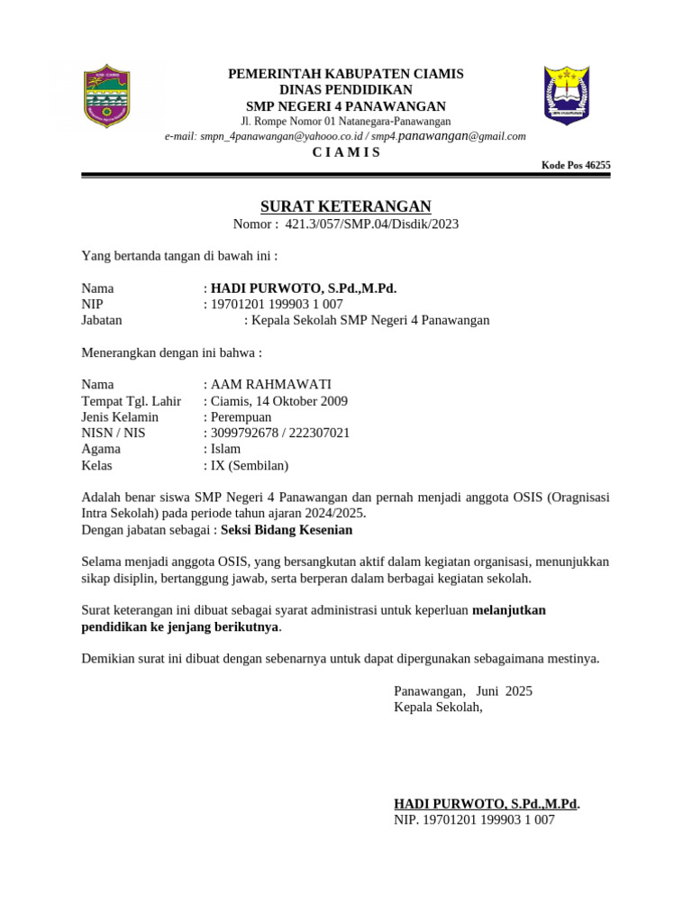 Surat Keterangan Anggota OSIS | PDF