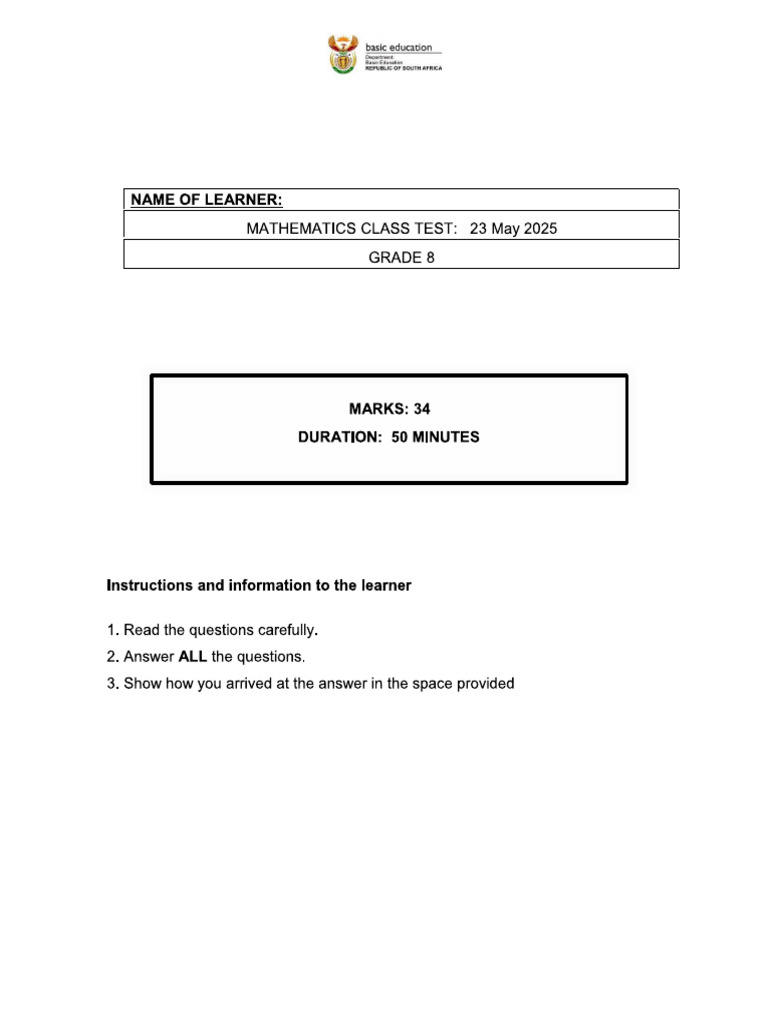 23 - May - 2025 - Grade 8 - Class - Test | PDF