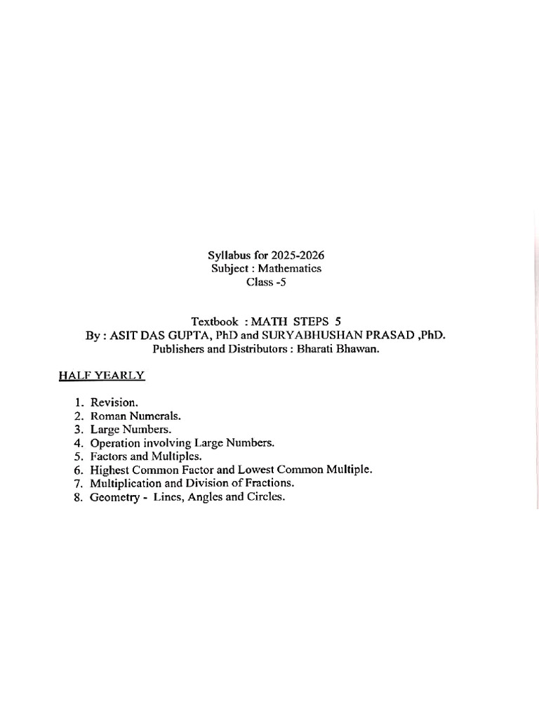Class V Mathematics Half Yearly Syllabus 2025-2026 | PDF