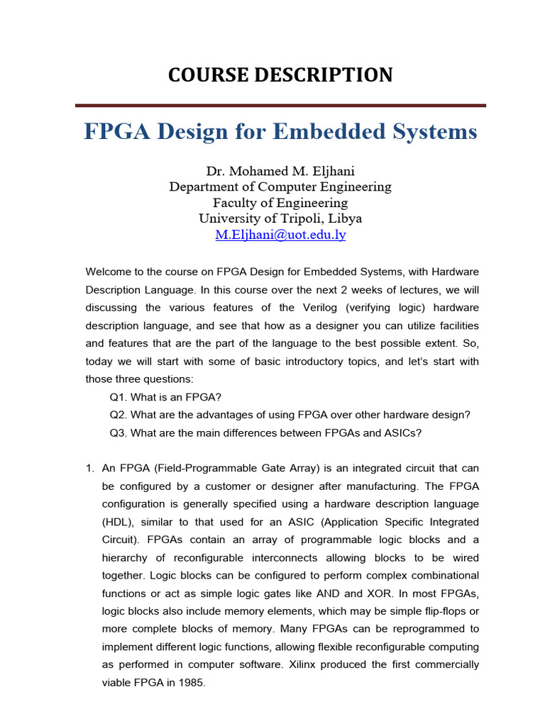 FPGA Design For Embedded Systems - Course Description | PDF | Field Programmable Gate Array ...