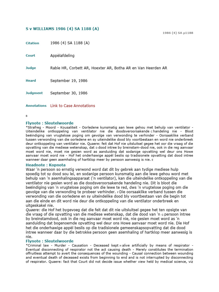 S v Williams: Causation in Murder Case | PDF | Causation (Law) | Death