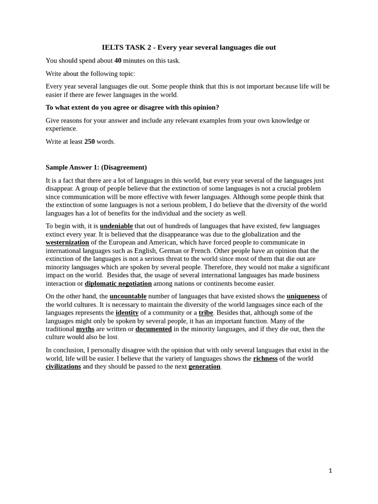 IELTS TASK 2 - Every Year Several Languages Die Out | PDF | Communication | Civilization