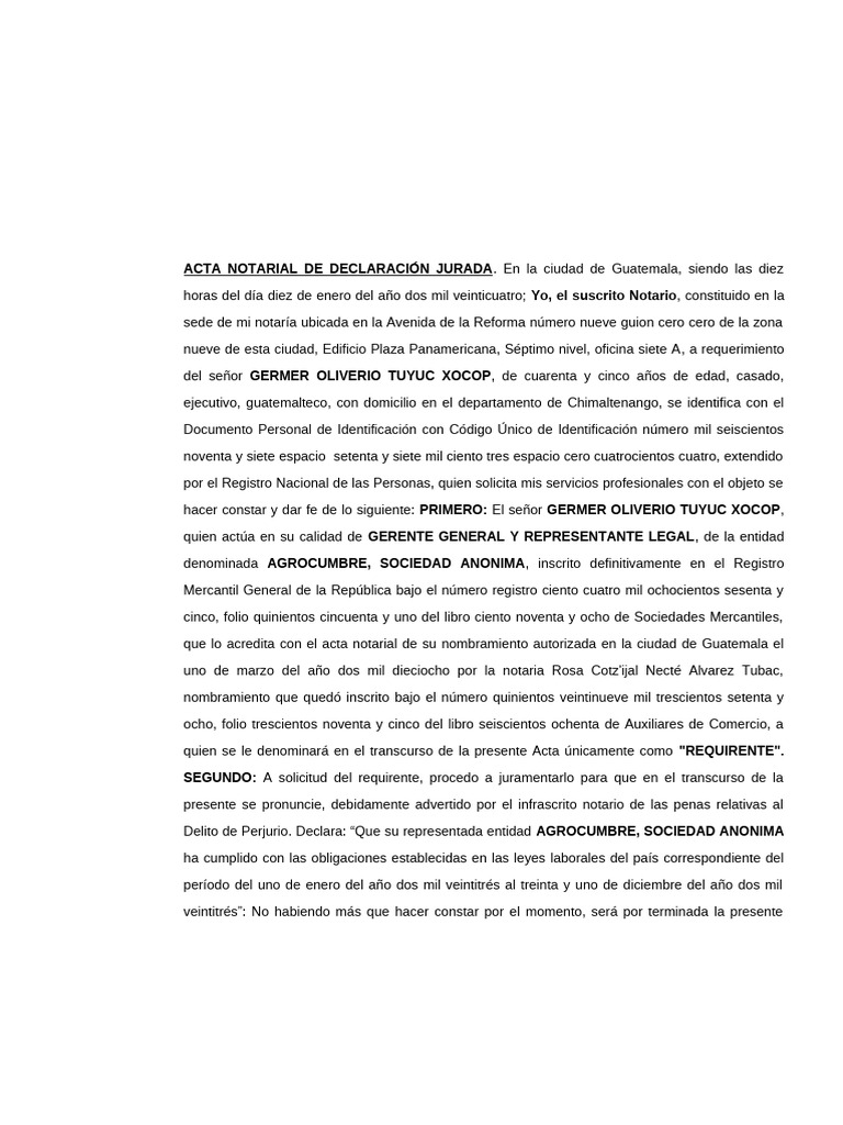 Acta Notarial de Declaración Jurada Ejercicio Fiscal 2023 | PDF