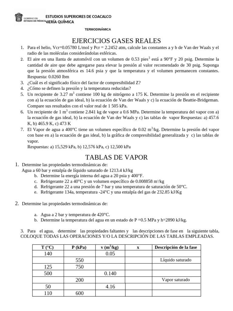 Ejercicios Gases Reales | PDF | Gases | Presión