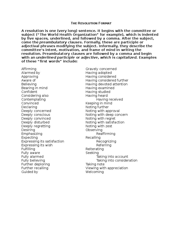 Preambulatory and Operative Clauses Guide | PDF | Clause | Verb
