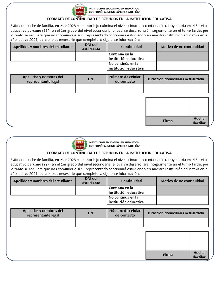 Formato de Continuidad de Estudios en La Institución Educativa | PDF | Perú | Aplicaciones de la ...
