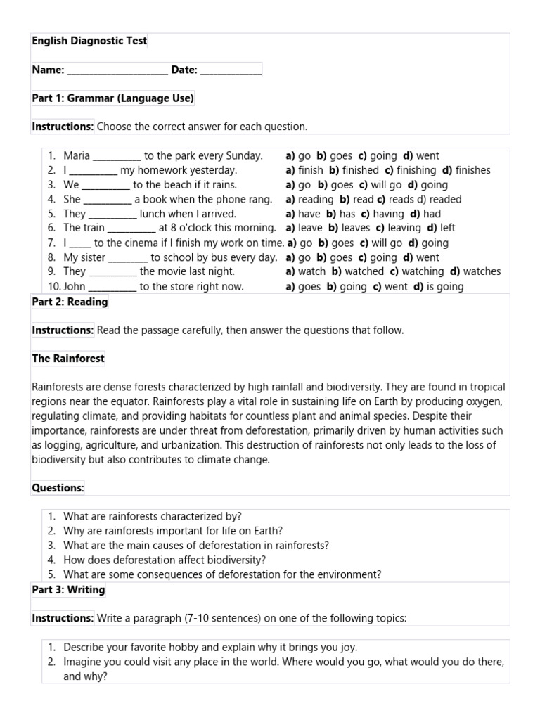 English 8th Grade - Diagnostic Test | PDF
