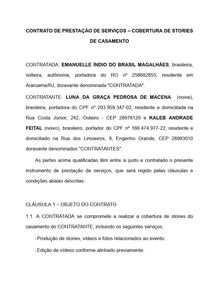 CONTRATO DE PRESTAÇÃO DE SERVIÇOS - LUNA & KALEB | PDF