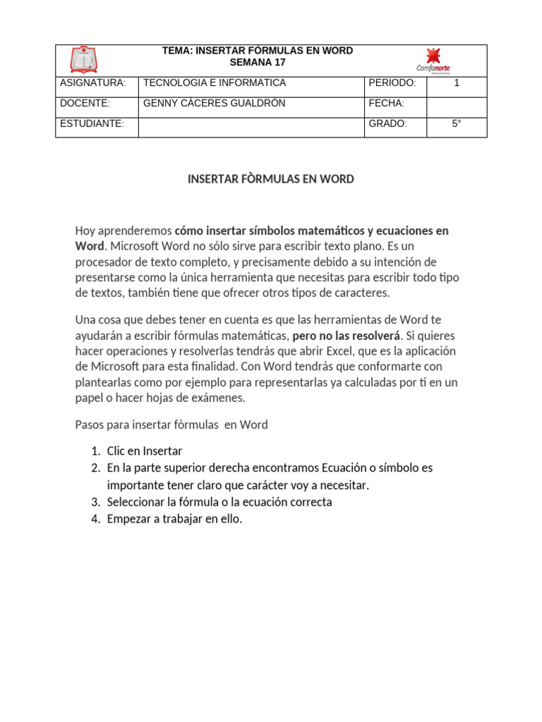 Semana 17. Insertar Formulas y Ecuaciones en Word | PDF
