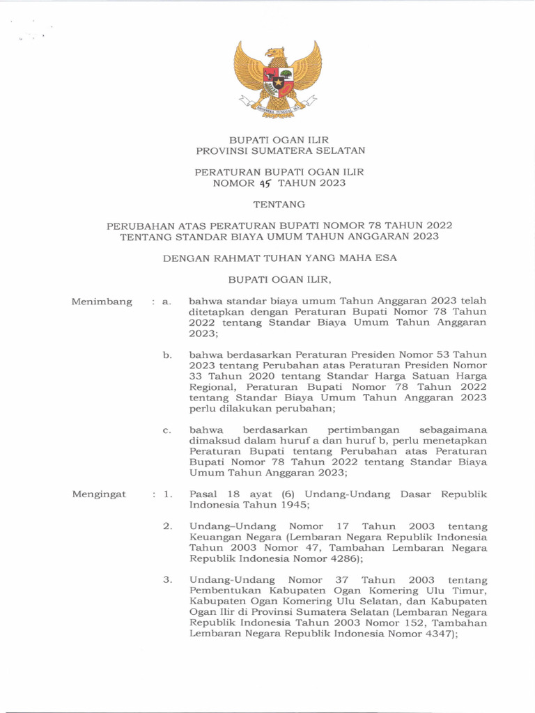 PERBUP NO. 45 TAHUN 2023 - Perubahan Atas Peraturan Bupati NO. 78 tAHUN 2022 Tentang Standar ...