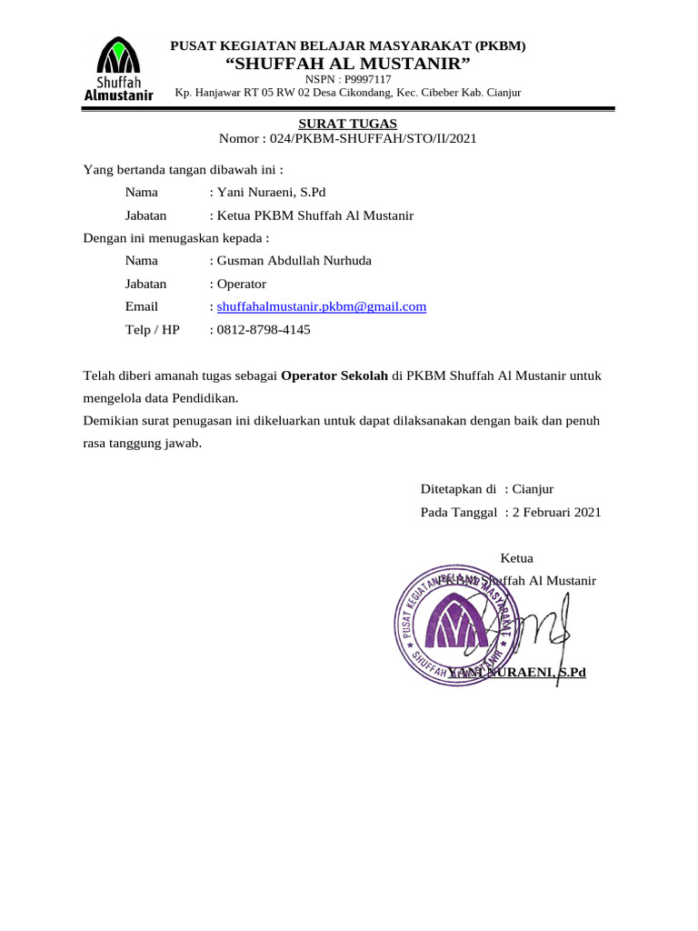 Surat Tugas Operator Sekolah PKBM | PDF