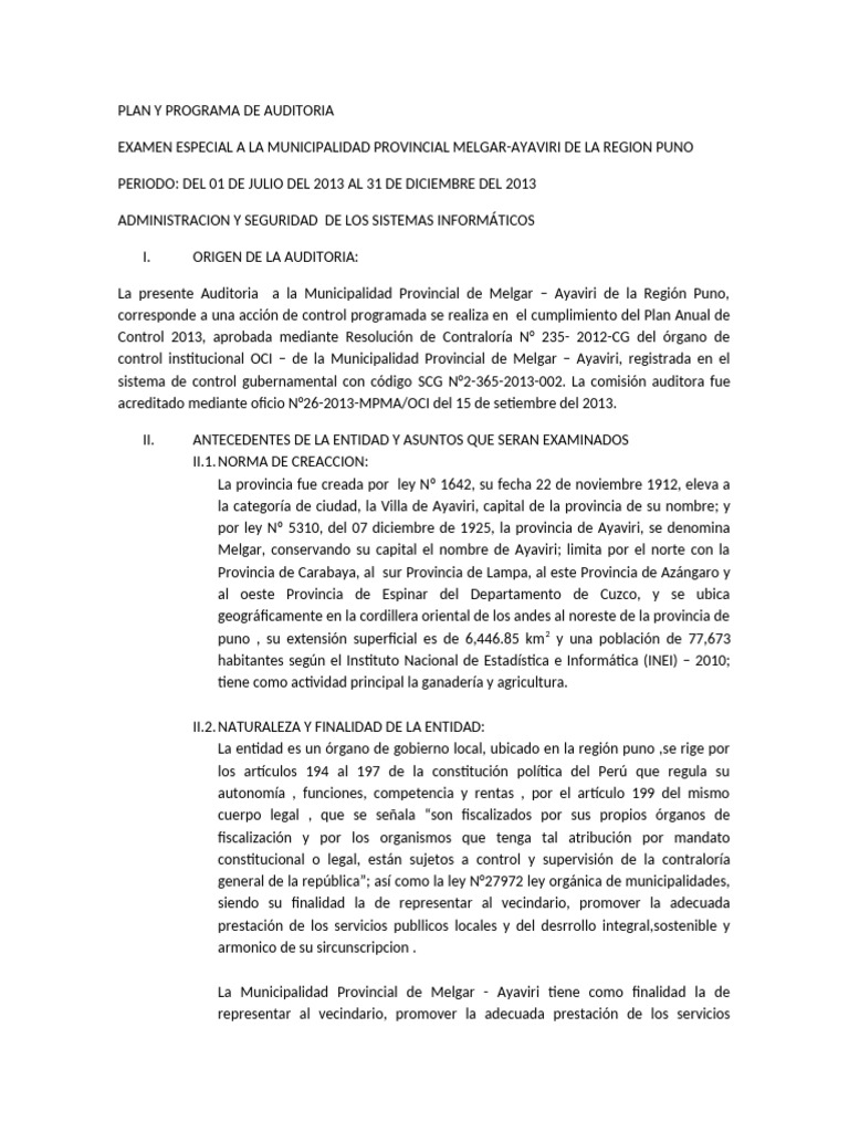 Plan y Programa de Auditoria de Sistema | PDF | Gobierno local | Auditoría