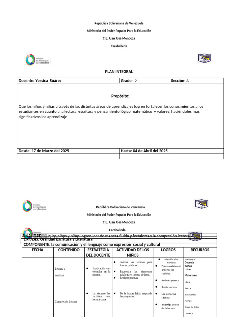 Plan Integral de Aprendizaje para 2° Grado | PDF | Cognición ...