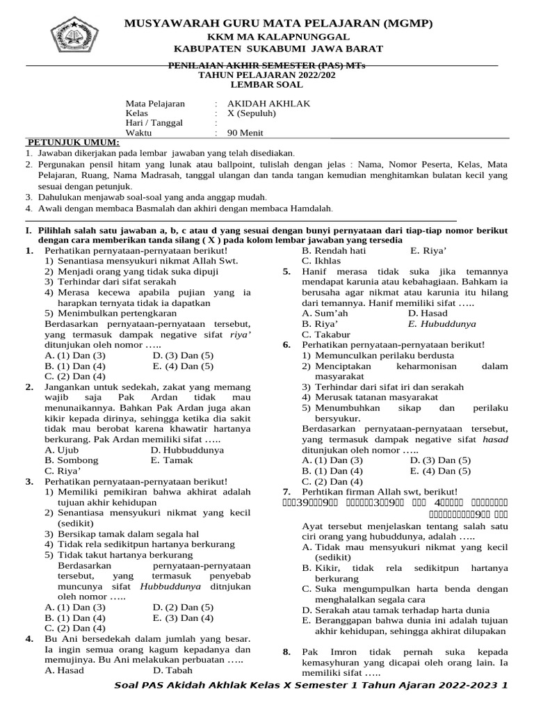 Soal Pas Akidah Kelas X Sem 1 2022-2023 | PDF