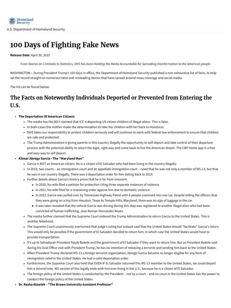 100 Days of Fighting Fake News - Homeland Security | PDF | U.S ...