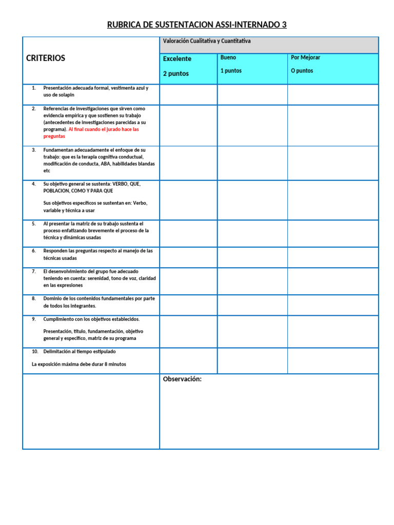 RUBRICA DE SUSTENTACION ASSI | PDF
