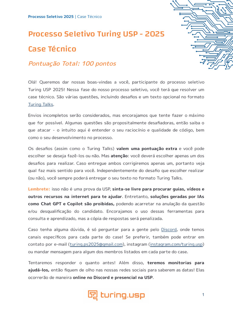 Case Técnico Turing USP 2025 | PDF | Python (linguagem de programação ...