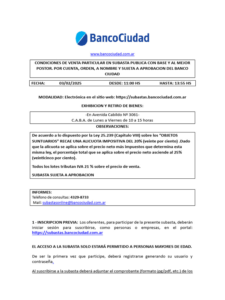 Condiciones Subasta 3486 | PDF | Subasta | Impuesto al valor agregado