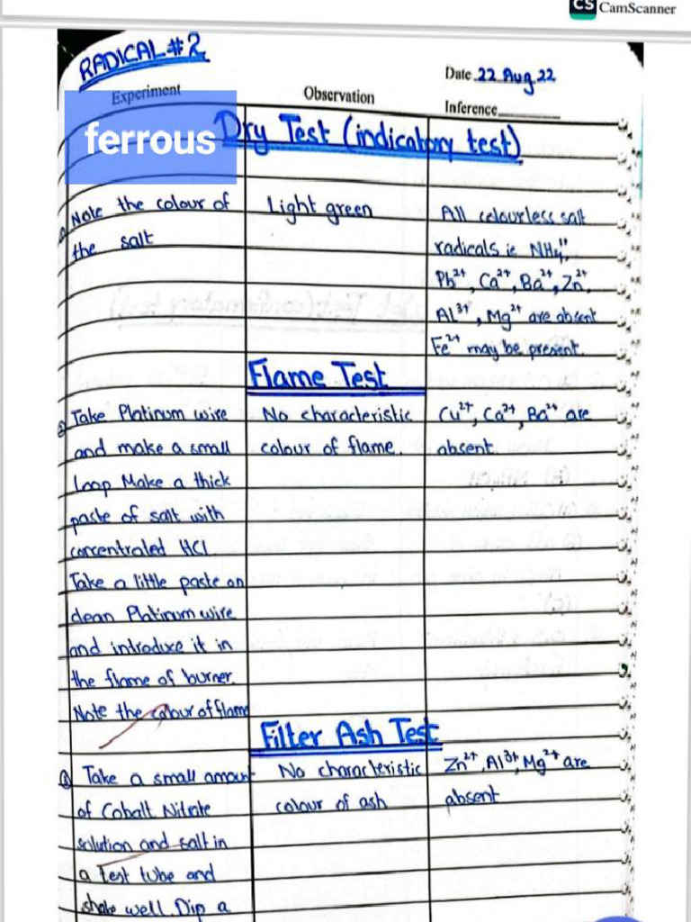 Ferrous 2+ Cation - Salt Analysis | PDF