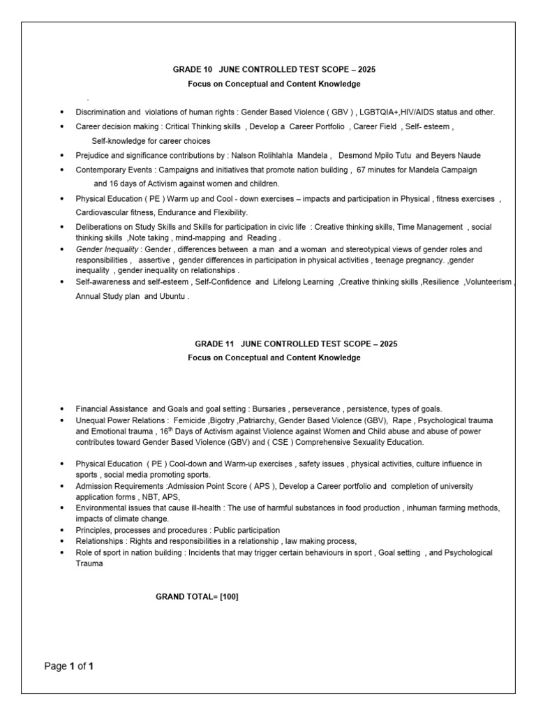 GRADE 10 +11 Scope 2025 June Tests | PDF | Violence | Domestic Violence