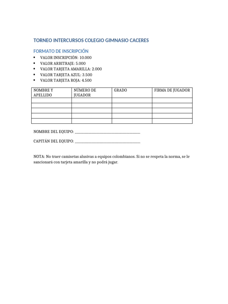 Formato Inscripcion Torneo | PDF