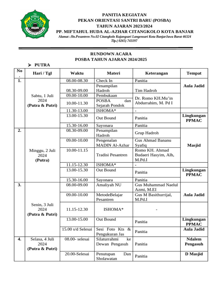 Timline Acara Posba Pa&Pi - Docx 2024 | PDF