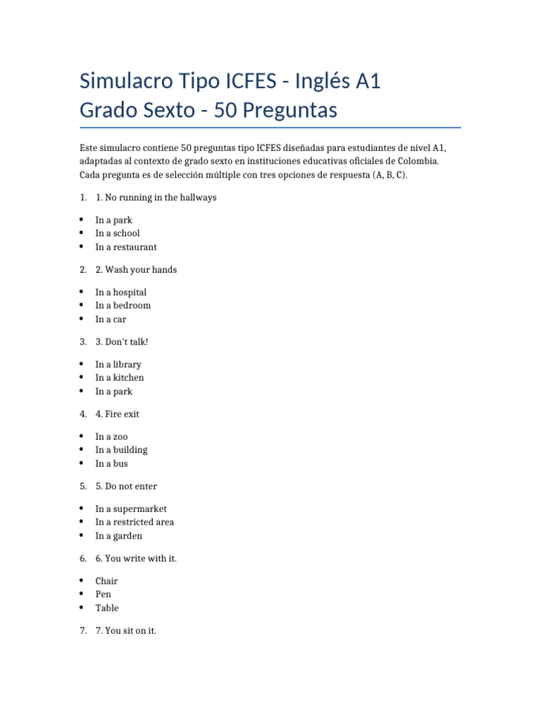 Simulacro Grado Sexto A1 ICFES 50 Preguntas | PDF
