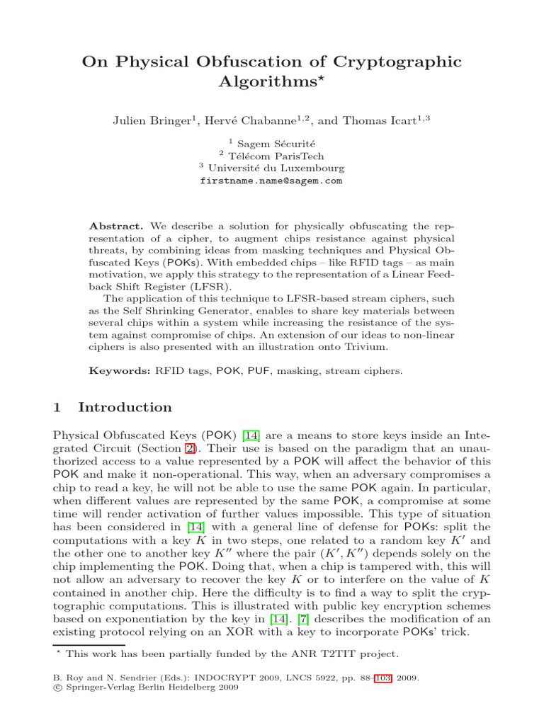 (2009 - Bringer) On Physical Obfuscation of Cryptographic Algorithms | PDF | Cryptography ...
