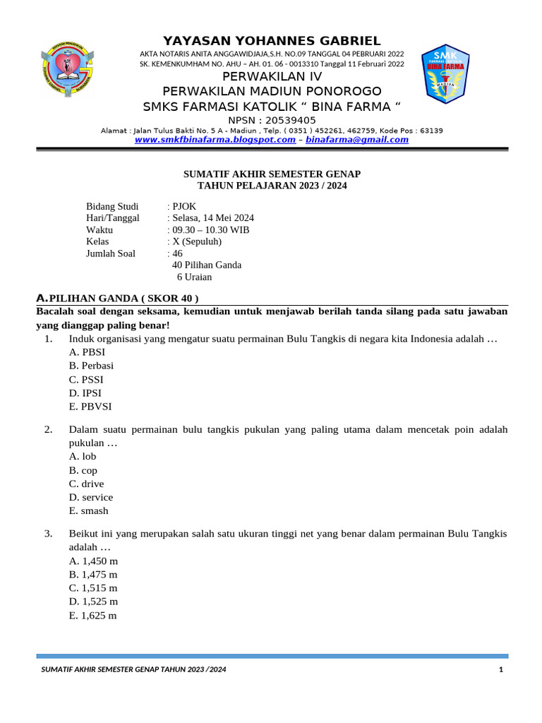 Ujian PJOK Kelas X Semester Genap | PDF