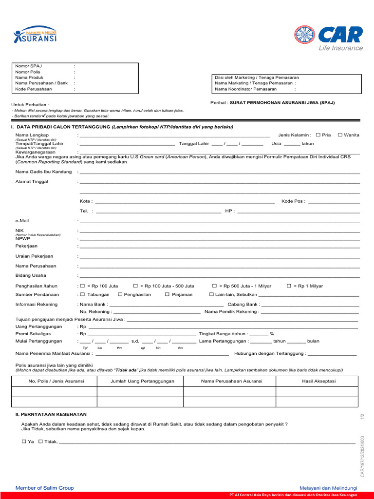 CAR 197 - Form SPAJ | PDF