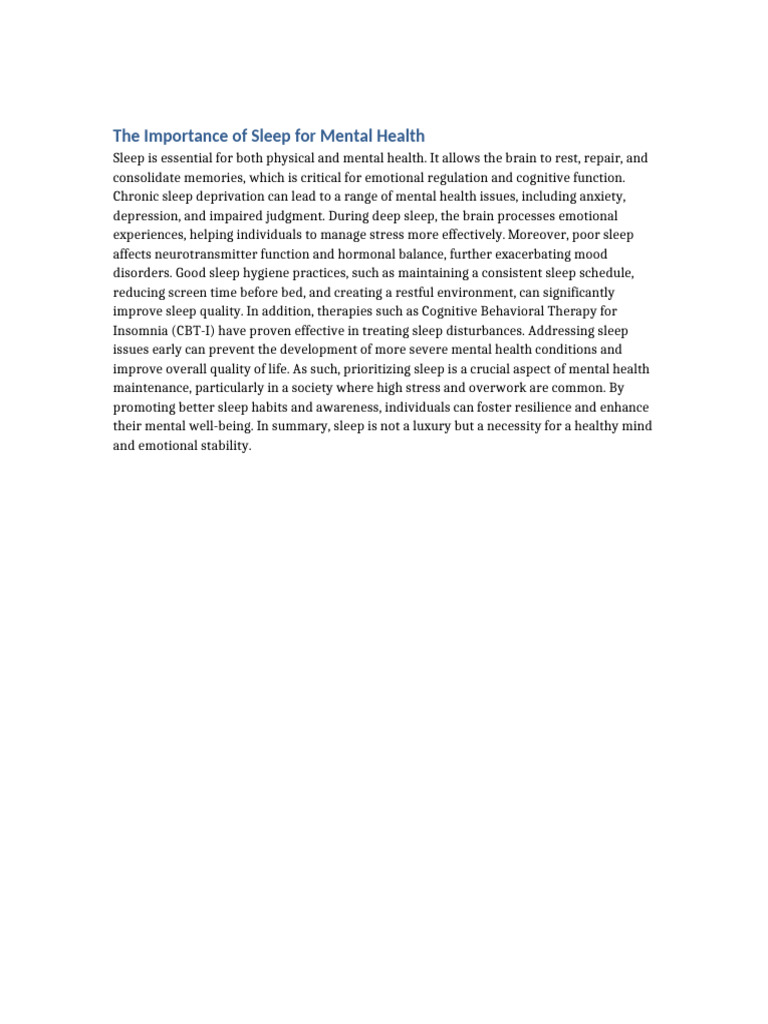 Sleep's Role in Mental Health Wellness | PDF