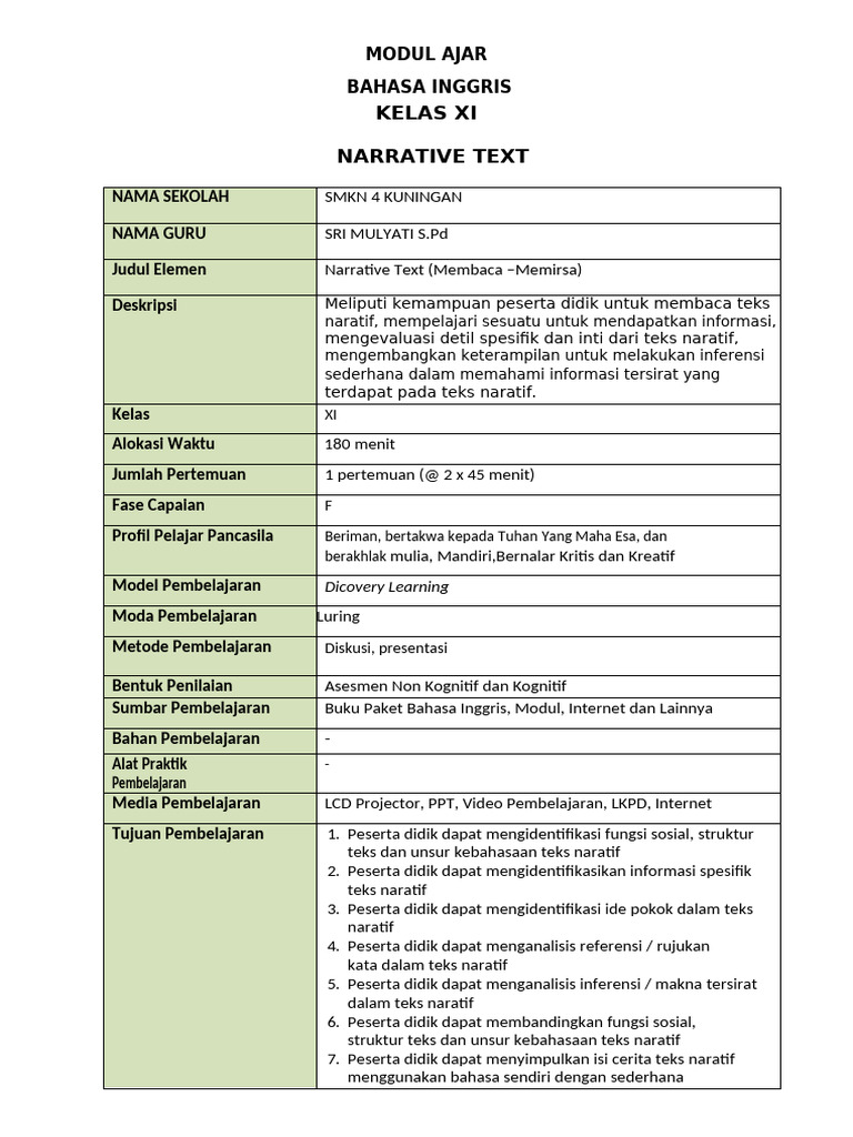 Modul Ajar Narrative Text | PDF