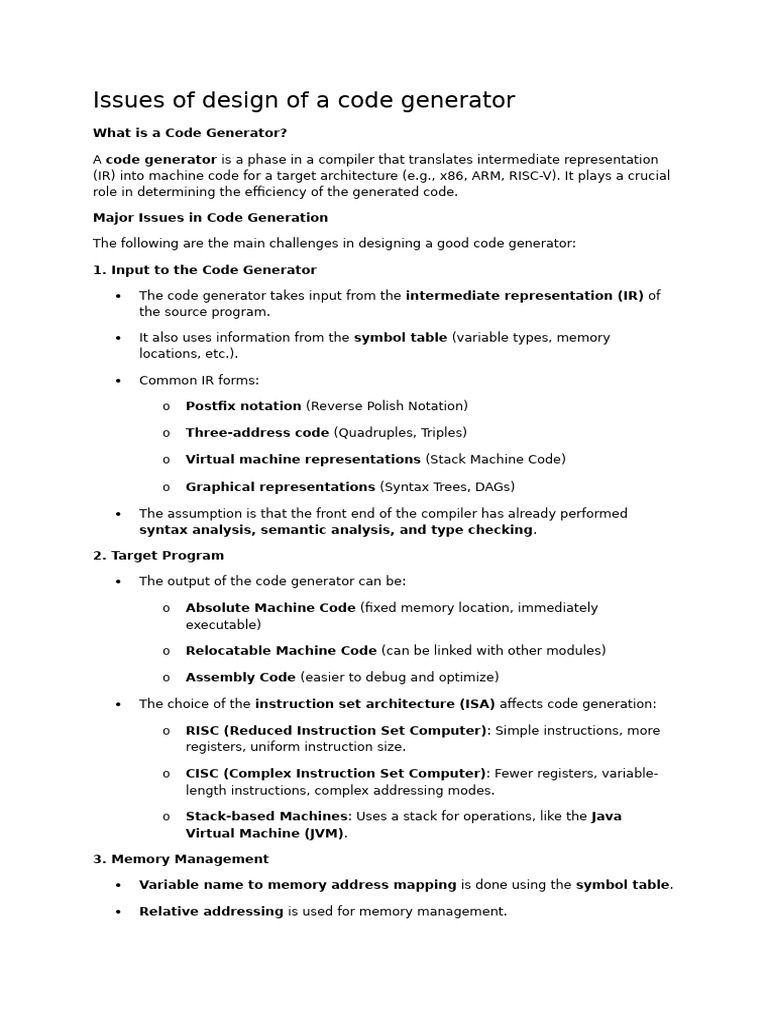 Code Generator Design Challenges | PDF | Parsing | Compiler