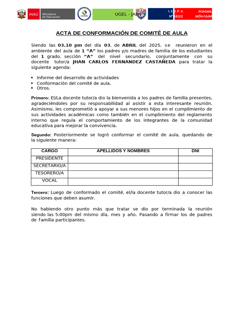 Formato de Acta de Conformacion de Comite de Aula | PDF