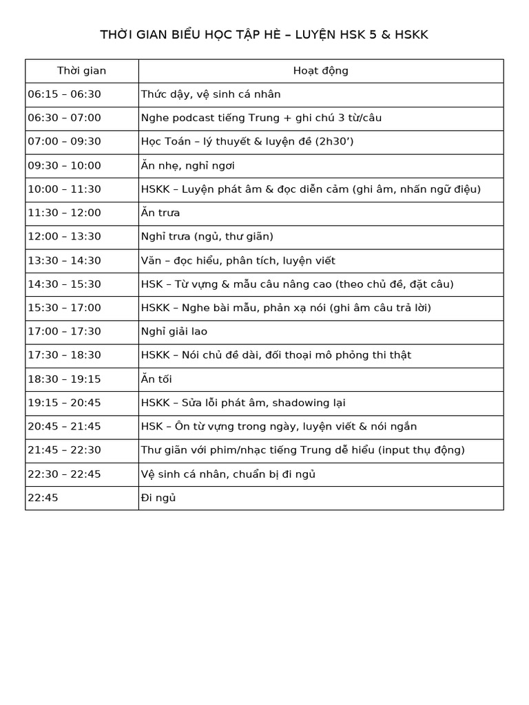 Thoi Gian Bieu Hoc He HSK HSKK | PDF