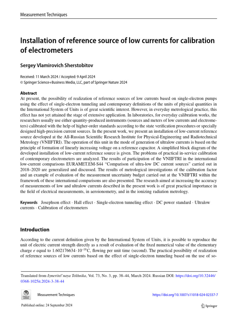 Installation of Reference Source of Low Currents For Calibration of ...