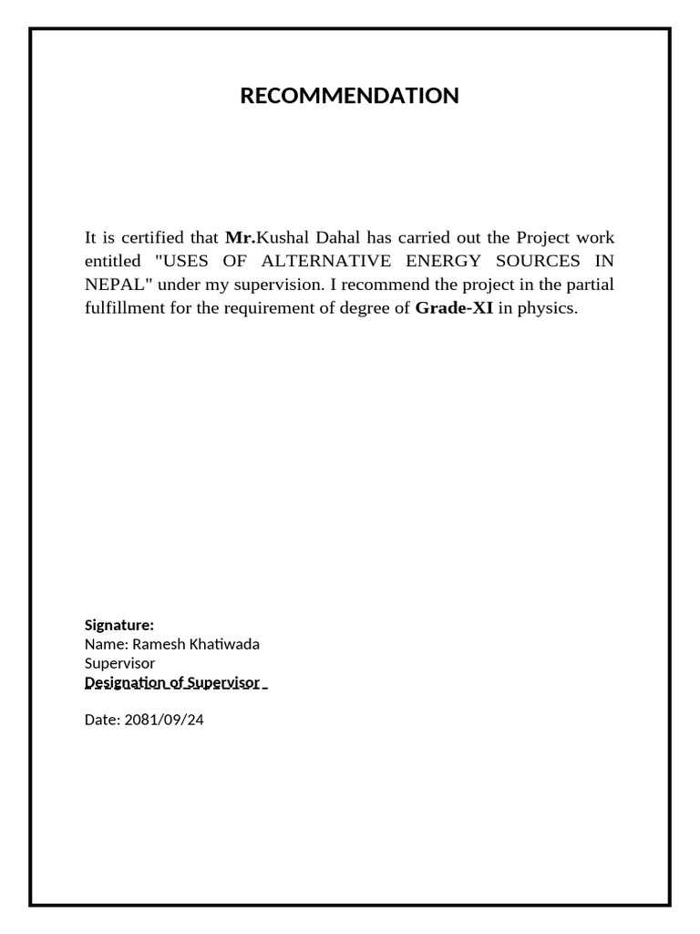 Recommendation: Signature: Designation of Supervisor | PDF
