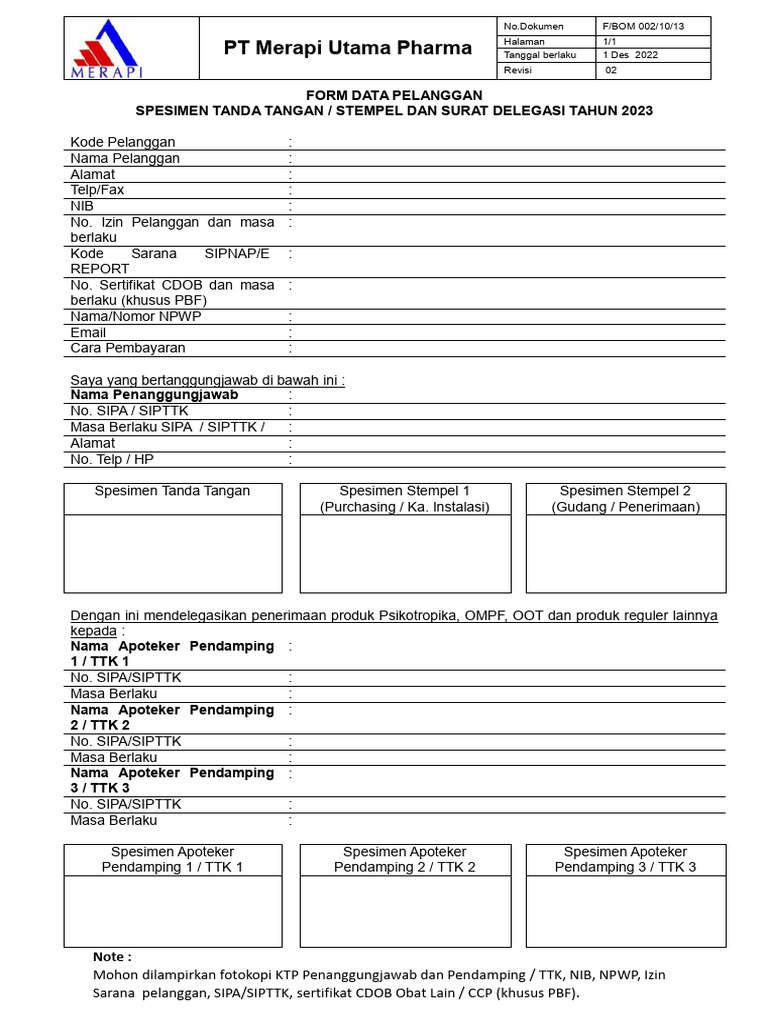 002 Form Data Pelanggan, Spesimen TT & Surat Delegasi Rev 02 Tahun 2023 ...