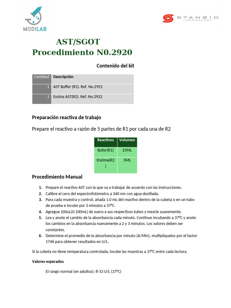 Ast/Sgot Procedimiento N0.2920: Contenido Del Kit | PDF