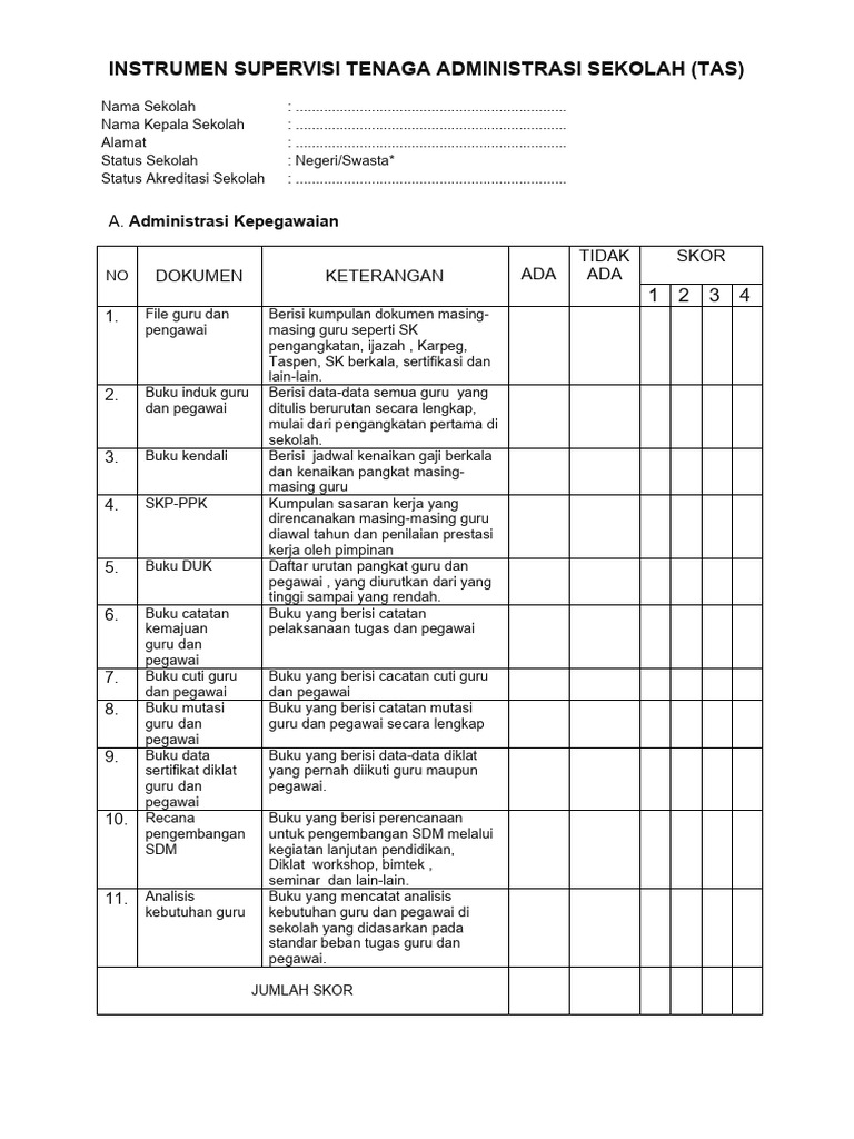 Instrumen Supervisi Tenaga Administrasi Sekolah 2025 | PDF