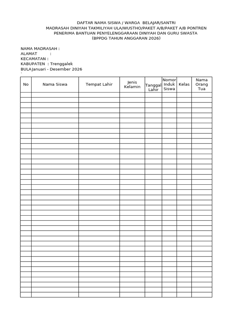 Form Data Santri, Ustadz Tahun 2026 | PDF