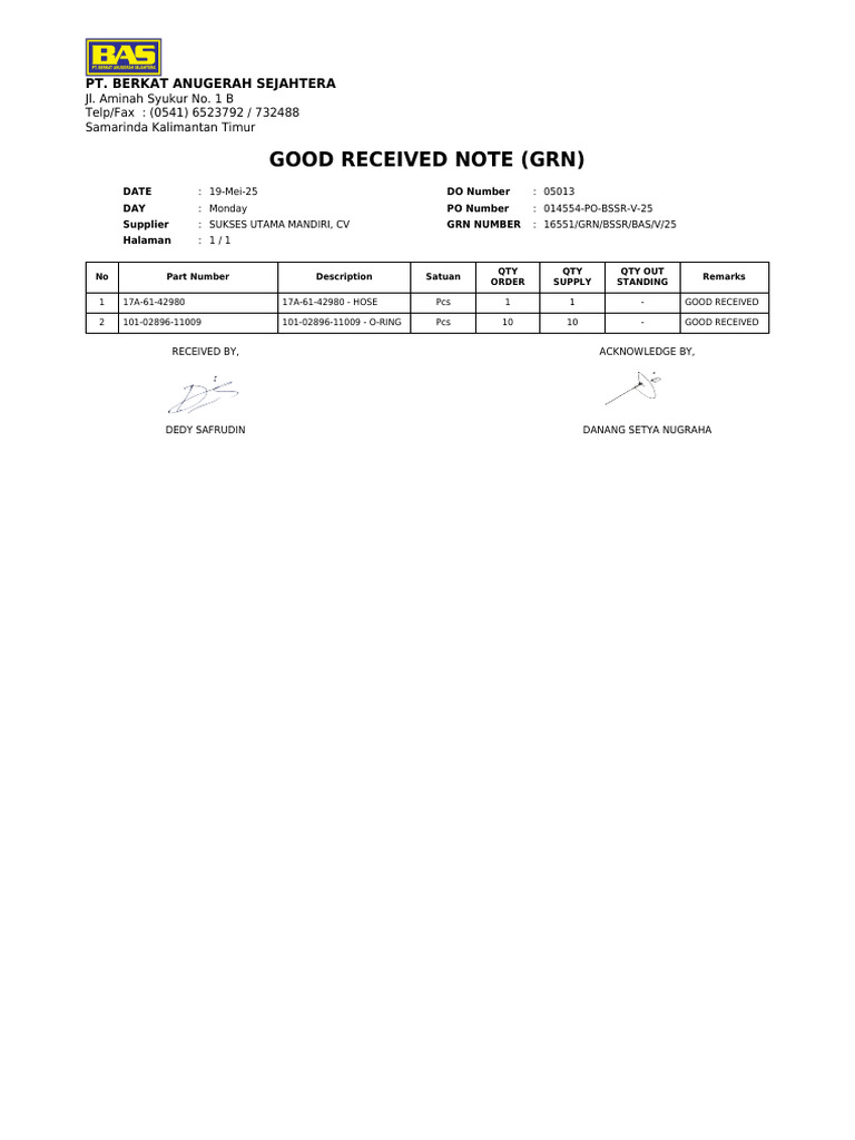 Good Received Note (GRN) : Pt. Berkat Anugerah Sejahtera | PDF