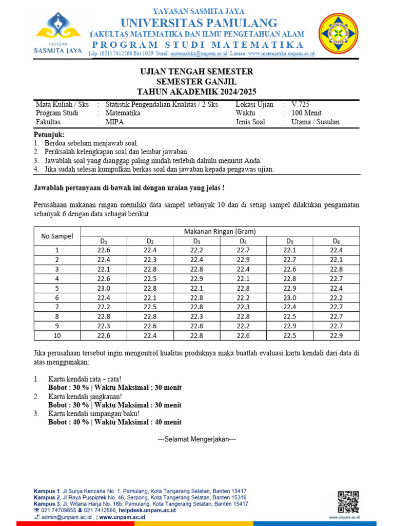 Soal UAS Statistik Pengendalian Kualitas | PDF
