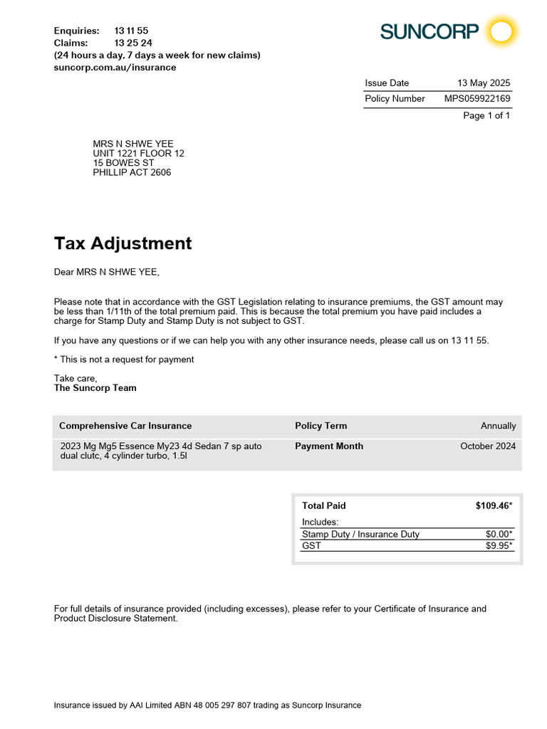 Suncorp Car Tax Adjustment MPS059922169 | PDF