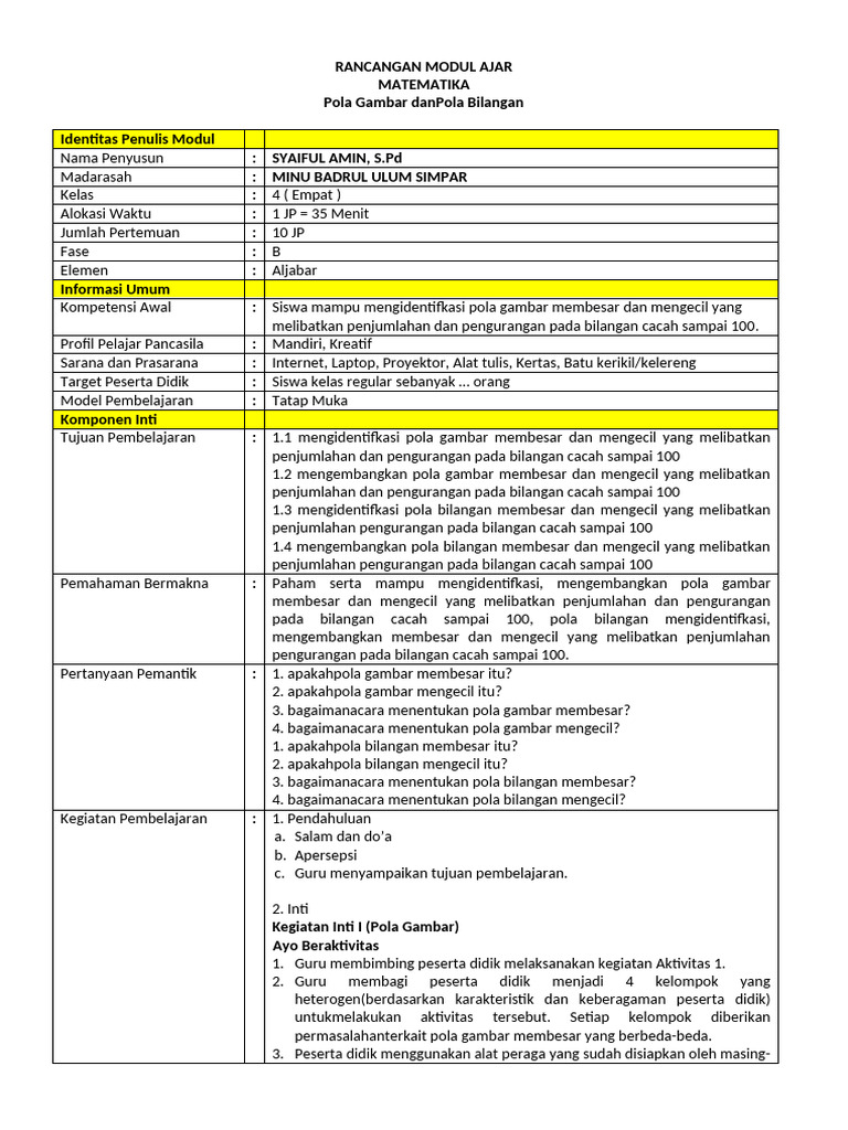MODUL MTK KLS 4 (Pola Gambar Dan Pola Bilangan) | PDF