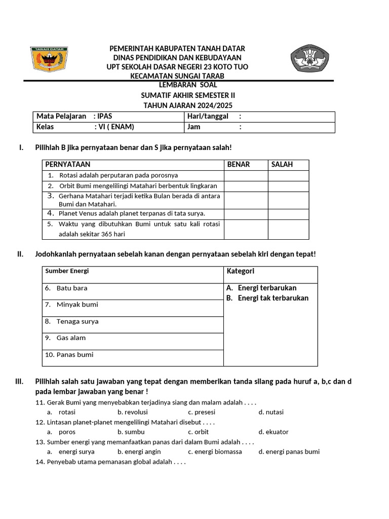 SOAL, LJK, KUNCI SAS 2 IPAS OK | PDF