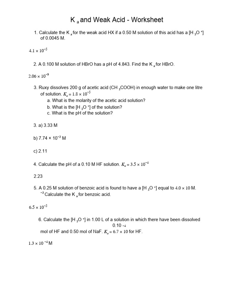 Ka and Weak Acid Worksheet | PDF