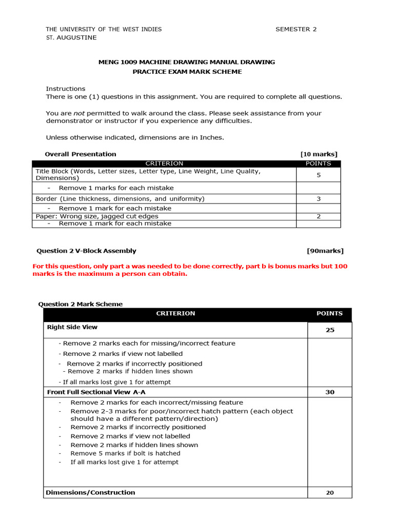 MENG 1009 Machine Drawing Exam Marking Guide | PDF