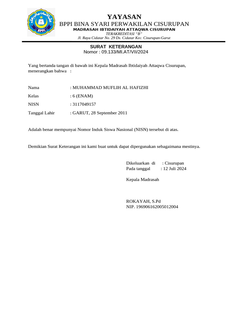 Surat Keterangan Nisn | PDF