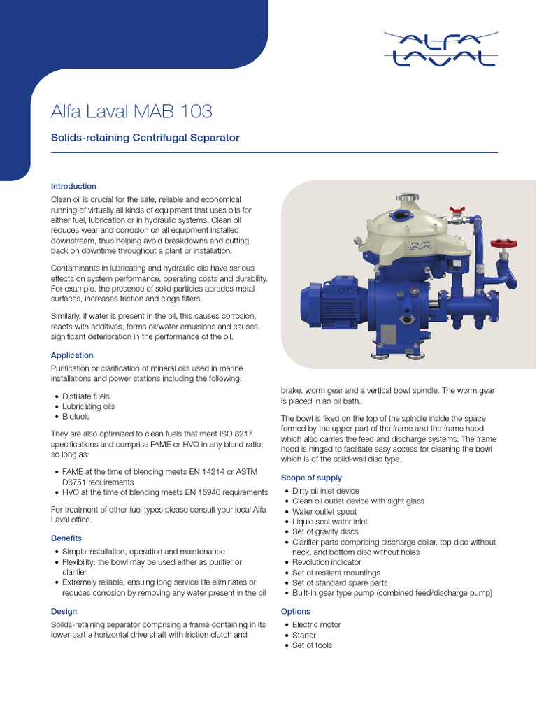 Alfa Laval Product Leaflet Mab 103 Separator Product Leaflet en GB | PDF | Pump | Lubricant